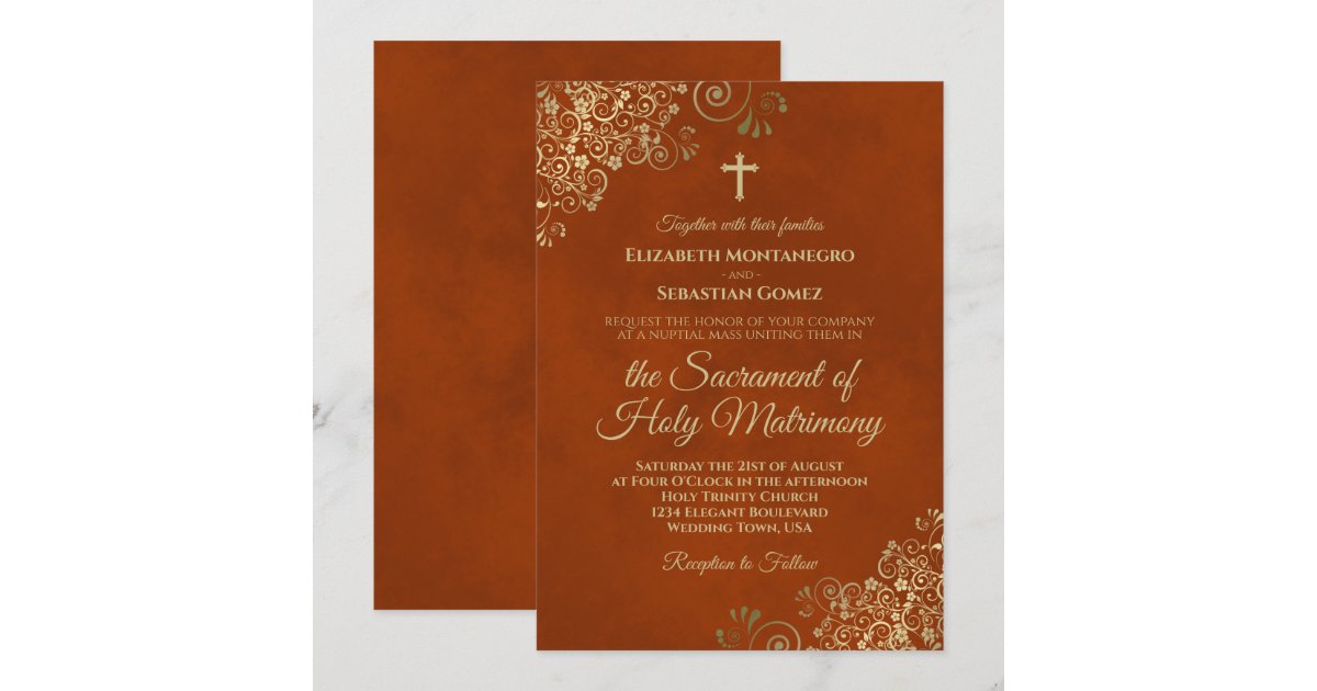 Elegant Rust Orange & Gold Modern Catholic Wedding Invitation | Zazzle