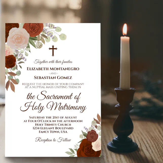 Elegant Rust Orange Roses Modern Catholic Wedding Invitation | Zazzle