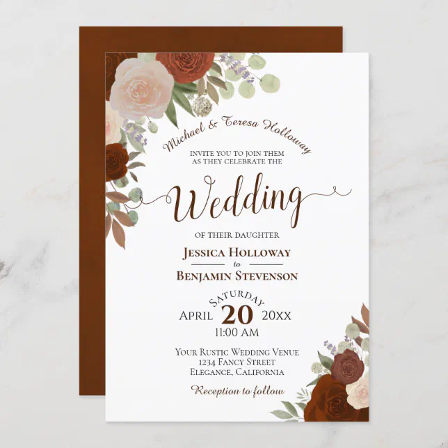 Elegant Rust Orange Watercolor Floral Wedding Invitation | Zazzle