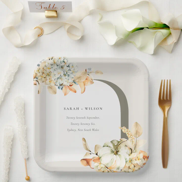 Elegant Rustic Autumn Pumpkin Arch Floral Wedding Paper Plates | Zazzle