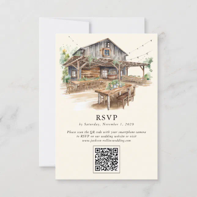 Elegant Rustic Barn QR Code RSVP Card | Zazzle