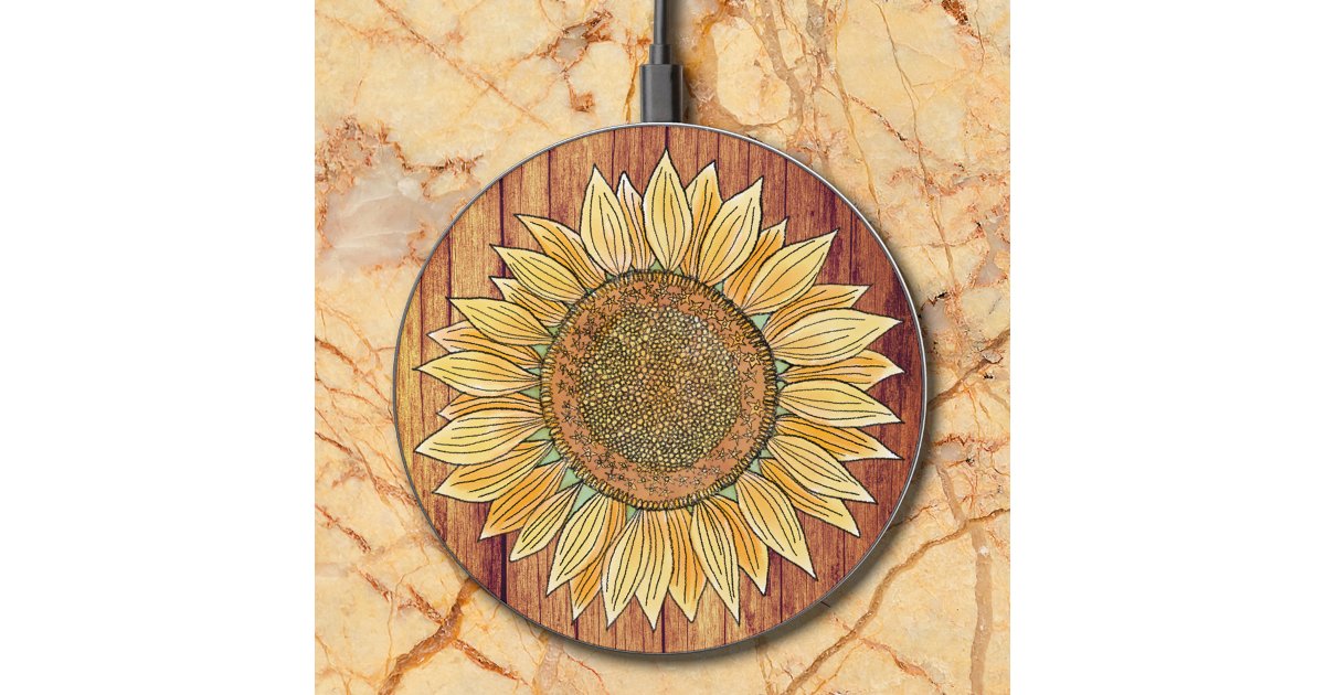 Elegant Rustic Boho Art Farmhouse Yellow Sunflower Wireless Charger ...
