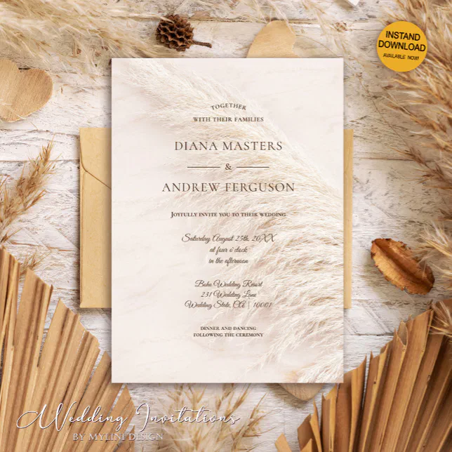 Elegant Rustic Boho Pampas Grass Wedding Invitation | Zazzle