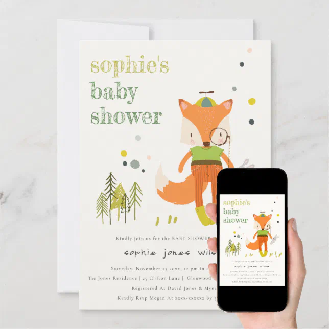 Elegant Rustic Cute Woodland Fun Fox Baby Shower Invitation | Zazzle
