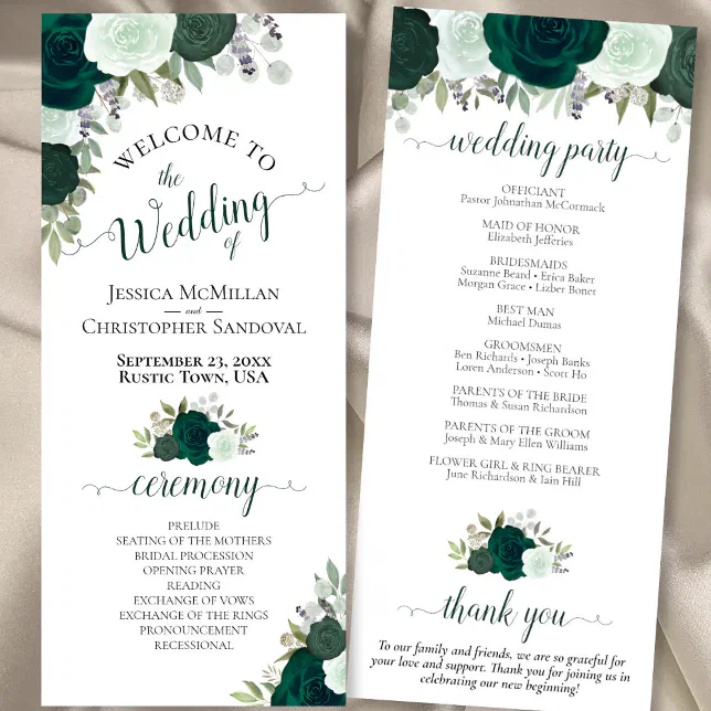 Elegant Rustic Emerald Green Roses Wedding Program | Zazzle