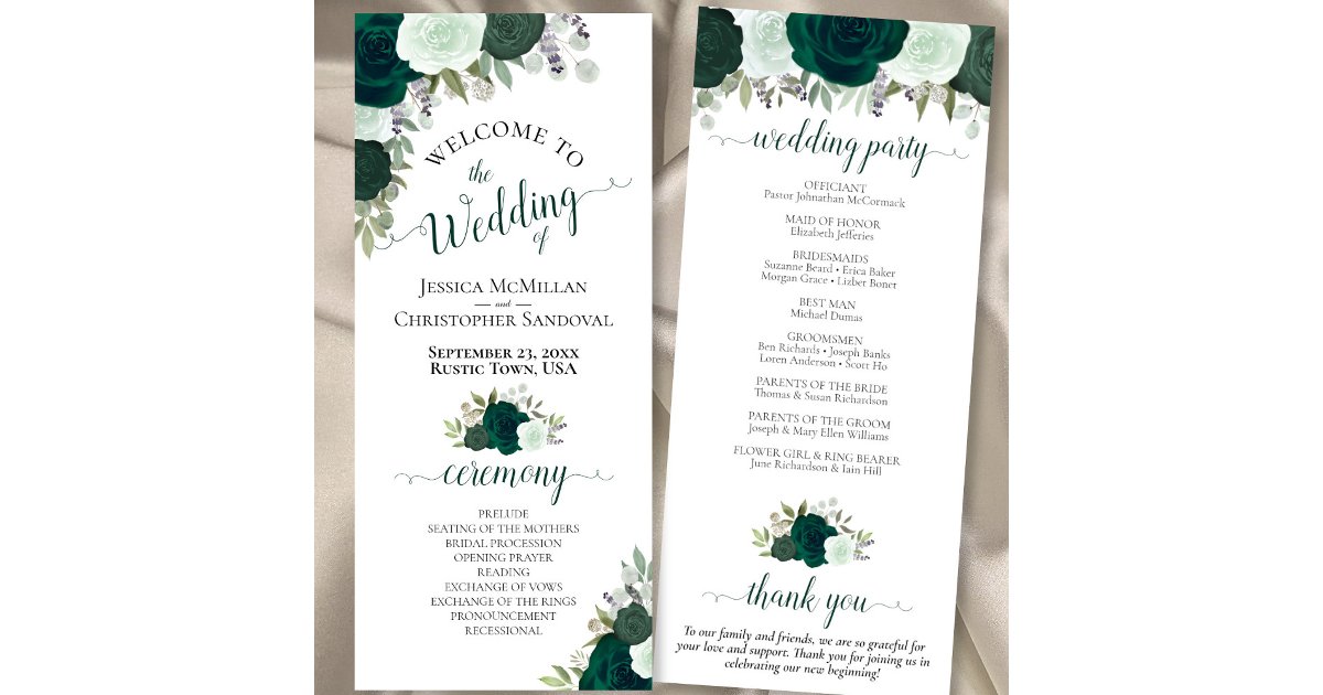 Elegant Rustic Emerald Green Roses Wedding Program | Zazzle