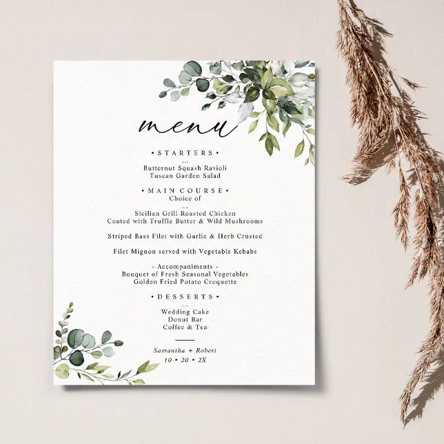 Elegant Rustic Eucalyptus Greenery Wedding Menu | Zazzle