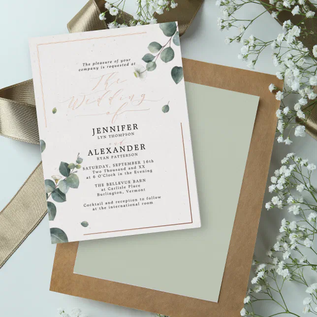 Elegant Rustic Eucalyptus Script Wedding Rose Foil Invitation | Zazzle