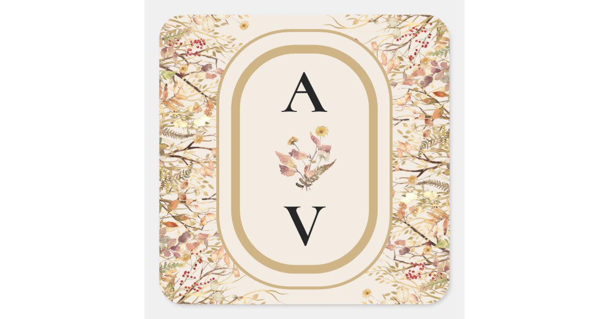 Elegant Rustic Fall Beige Wedding Monogram Square Sticker | Zazzle