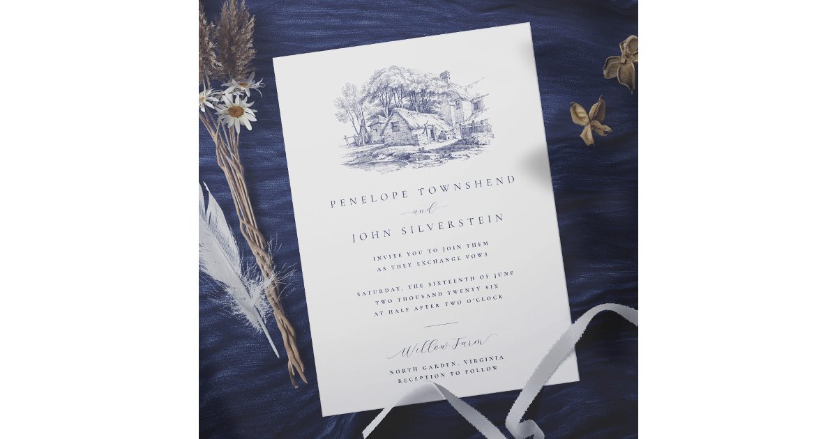 Elegant Rustic Farmhouse Illustration Wedding Invitation | Zazzle