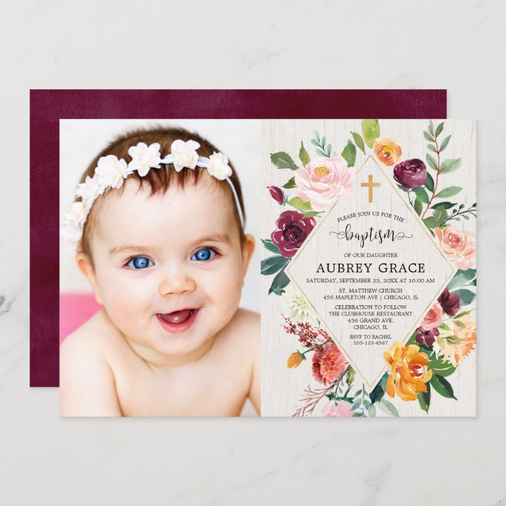 Elegant rustic floral fall foliage baptism photo invitation | Zazzle