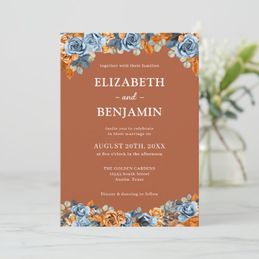 Elegant Rustic Floral Navy Rust Terracota Wedding Invitation | Zazzle