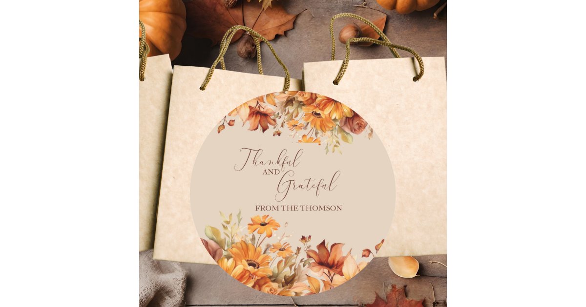 Elegant Rustic Floral Thankful and Gratetful Classic Round Sticker | Zazzle
