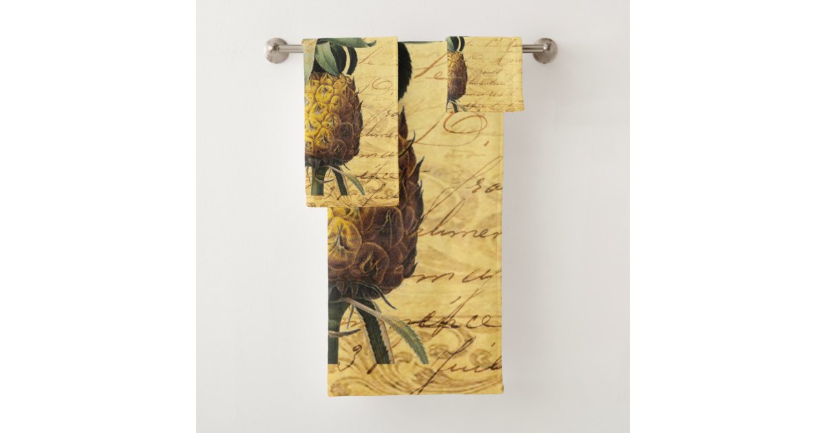 Elegant Rustic French Calligraphy Pineapple Bath Towel Set | Zazzle