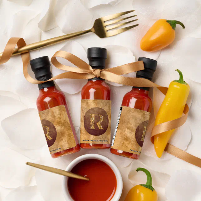 Elegant Rustic Gold & Brown Personalized Monogram Hot Sauces | Zazzle