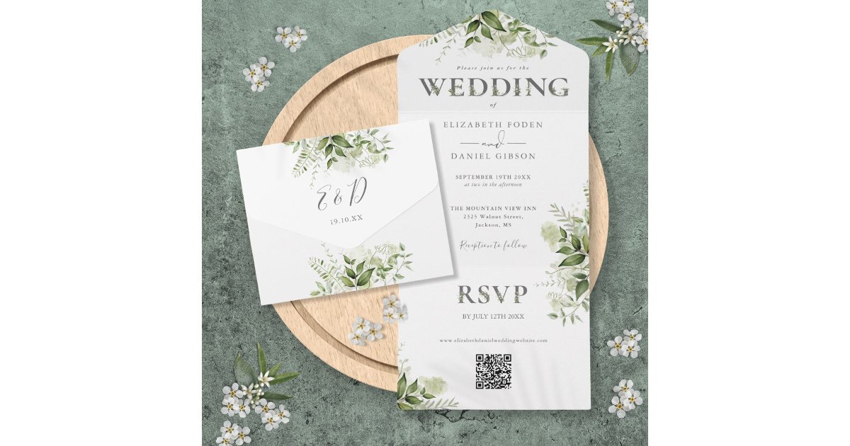 Elegant Rustic Greenery QR Code Wedding All In One Invitation | Zazzle