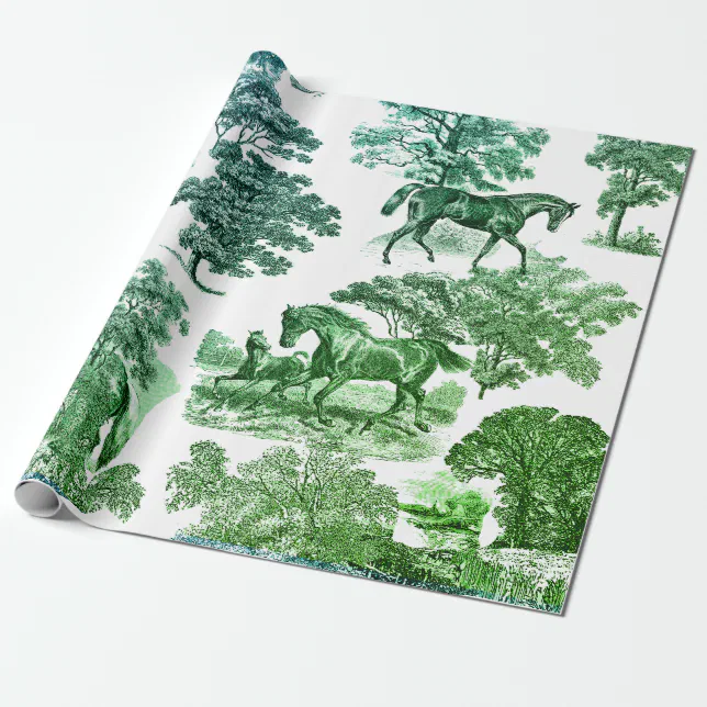 Elegant Rustic Horses Blue Green Toile Wrapping Paper | Zazzle