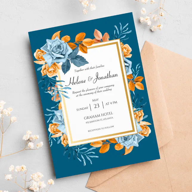 Elegant Rustic Indigo Rust Floral Boho Wedding Invitation | Zazzle