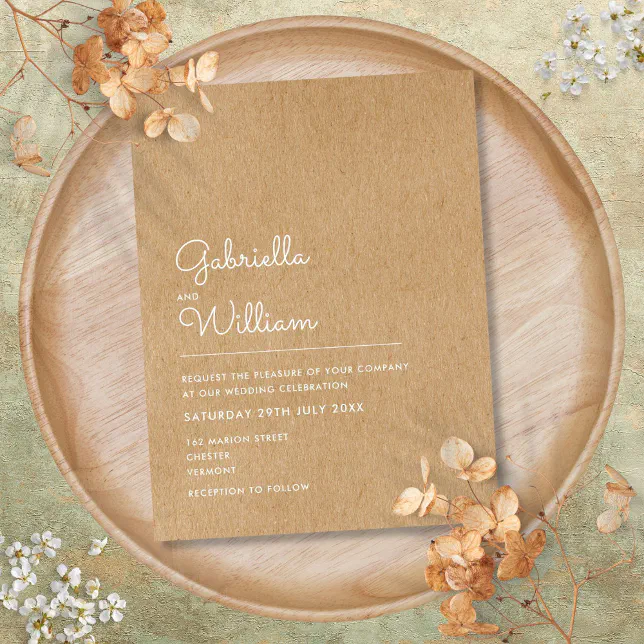 Elegant Rustic Kraft Minimalist Wedding Invitation Postcard | Zazzle