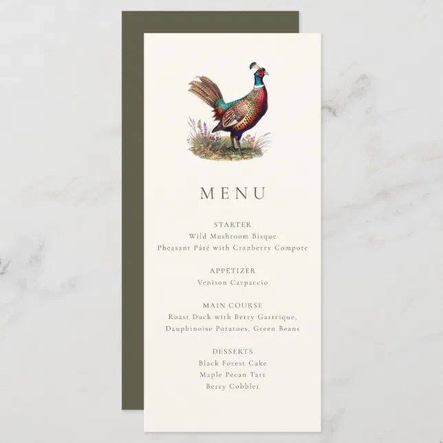 Elegant Rustic Pheasant Fall Hunting Dinner Menu | Zazzle