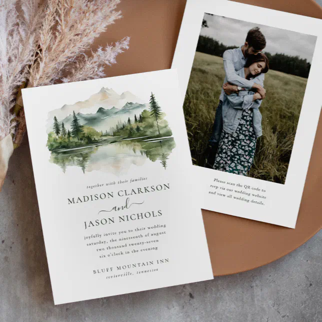 Elegant Rustic Pine Mountain QR Code Photo Wedding Invitation | Zazzle