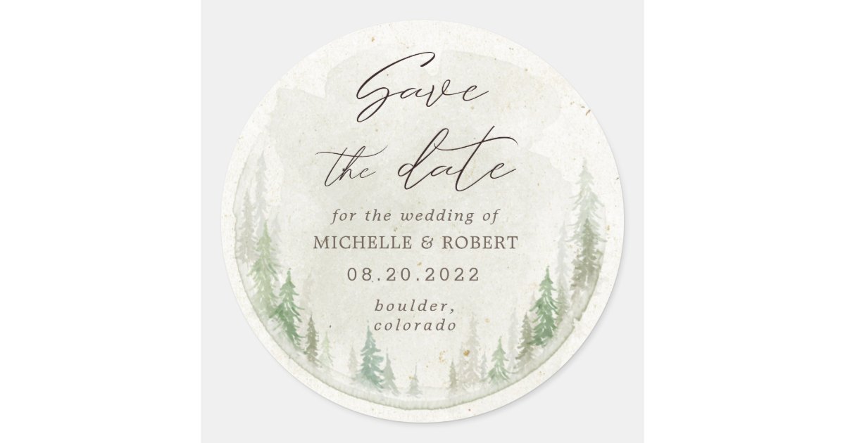 Elegant Rustic Pine Trees Save The Date Classic Round Sticker | Zazzle