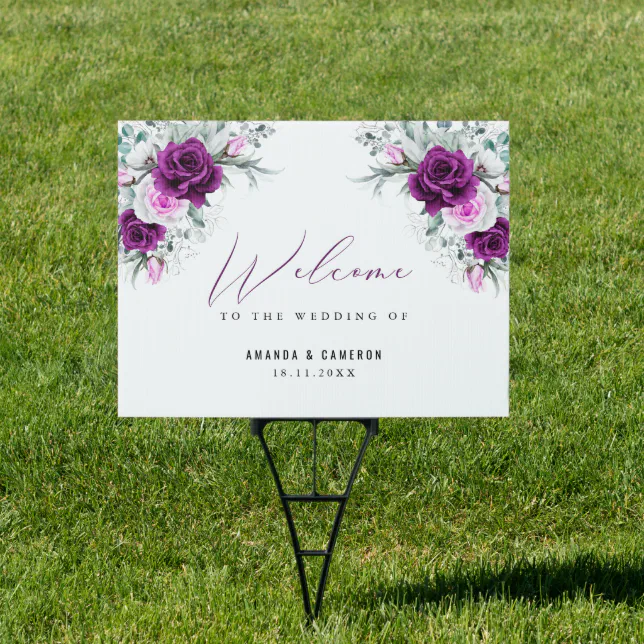 Elegant Rustic Purple Blush Wedding Welcome Yard Sign | Zazzle
