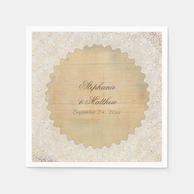 Elegant Rustic Reception Decor Vintage Lace n Wood Paper Napkins | Zazzle