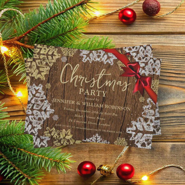 Elegant Rustic Snowflakes Xmas Holiday Party Invitation | Zazzle