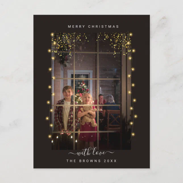 Elegant & Rustic String Lights Frame Custom Photo Holiday Postcard | Zazzle