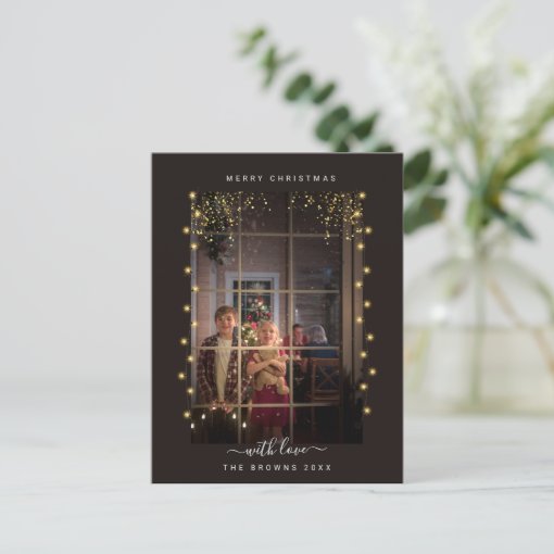 Elegant & Rustic String Lights Frame Custom Photo Holiday Postcard | Zazzle