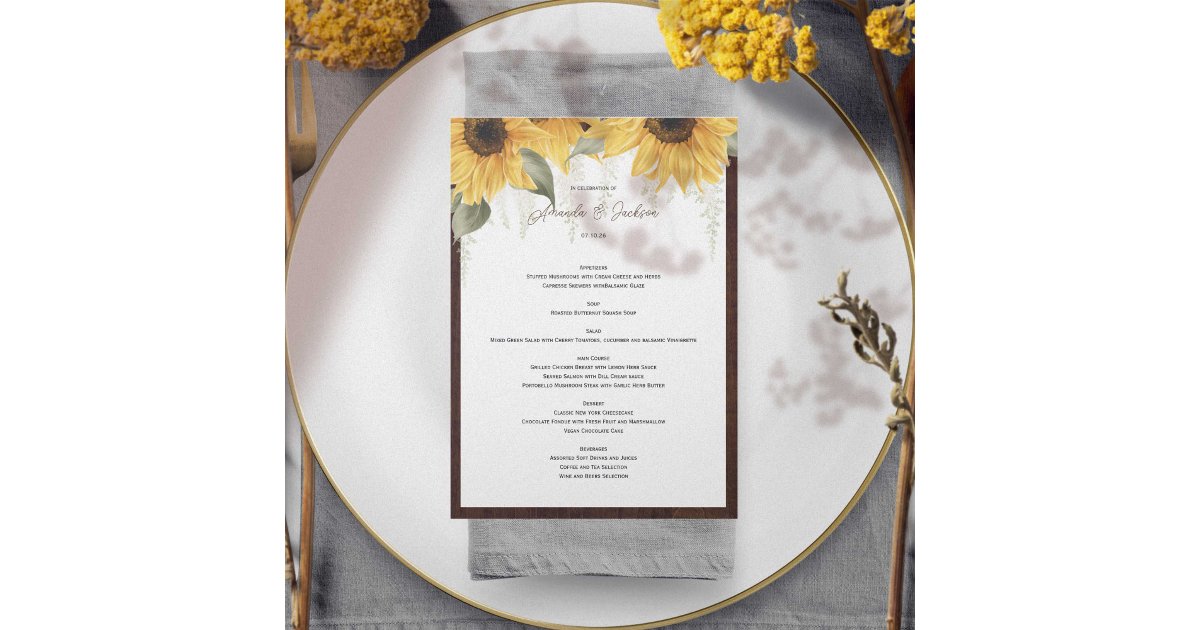 Elegant rustic Sunflower, Country wedding Menu | Zazzle