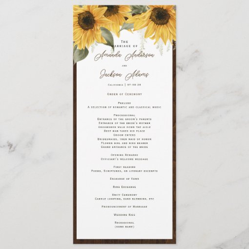 Elegant rustic sunflower, country wedding program | Zazzle