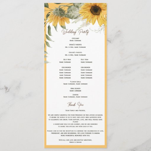 Elegant rustic sunflower, country wedding program | Zazzle