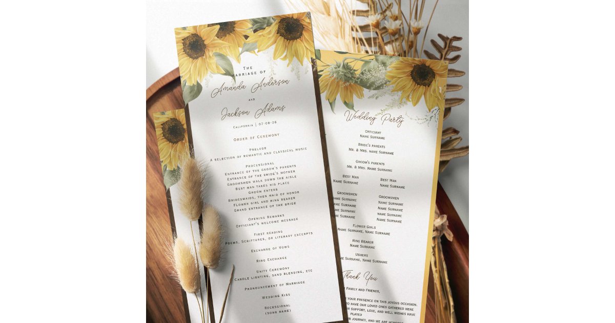 Elegant rustic sunflower, country wedding program | Zazzle