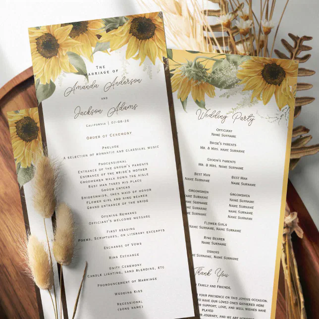Elegant rustic sunflower, country wedding program | Zazzle