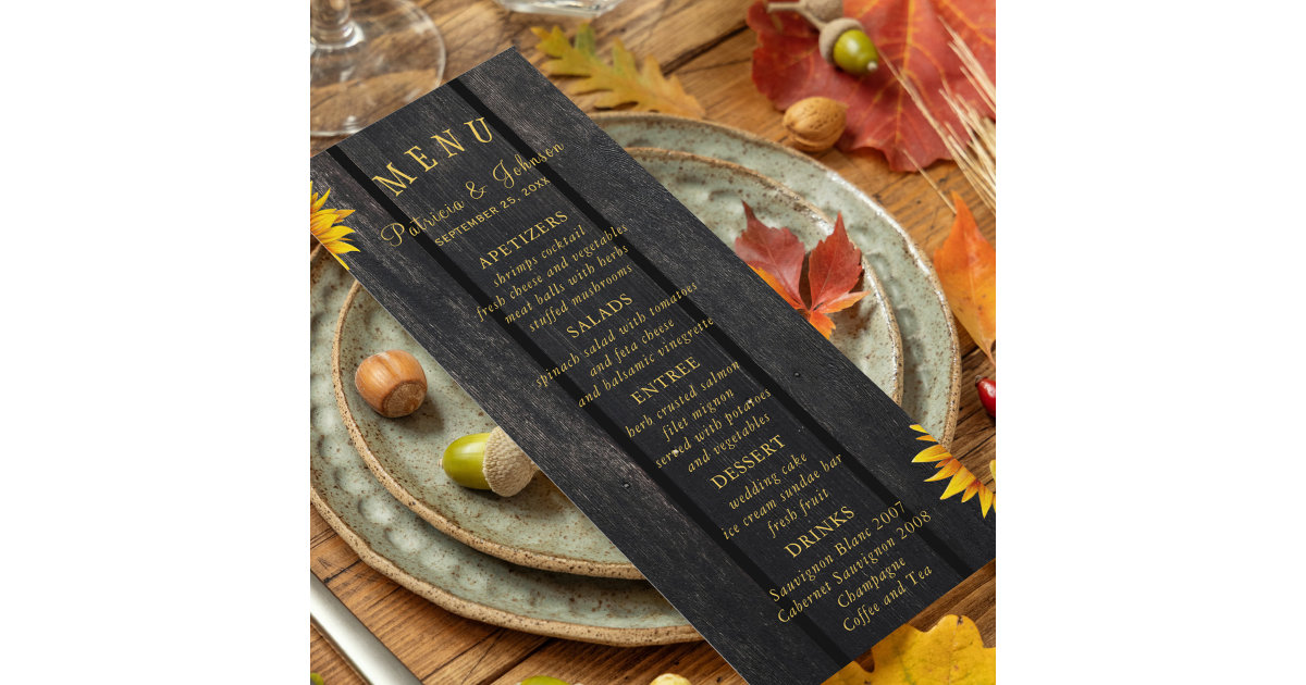 Elegant rustic sunflowers chic wedding menu | Zazzle