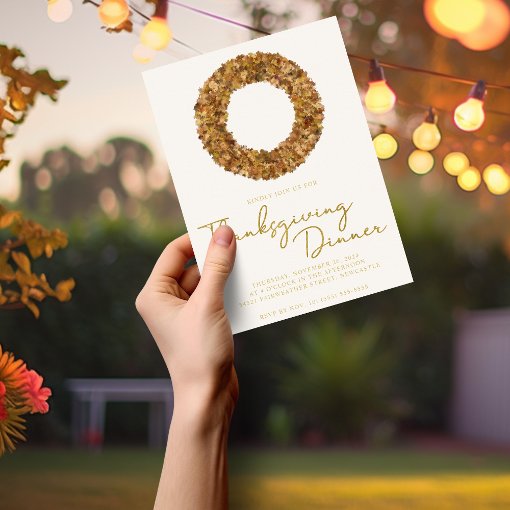 Elegant Rustic Thanksgiving Fall Wreath Gold Foil Invitation | Zazzle