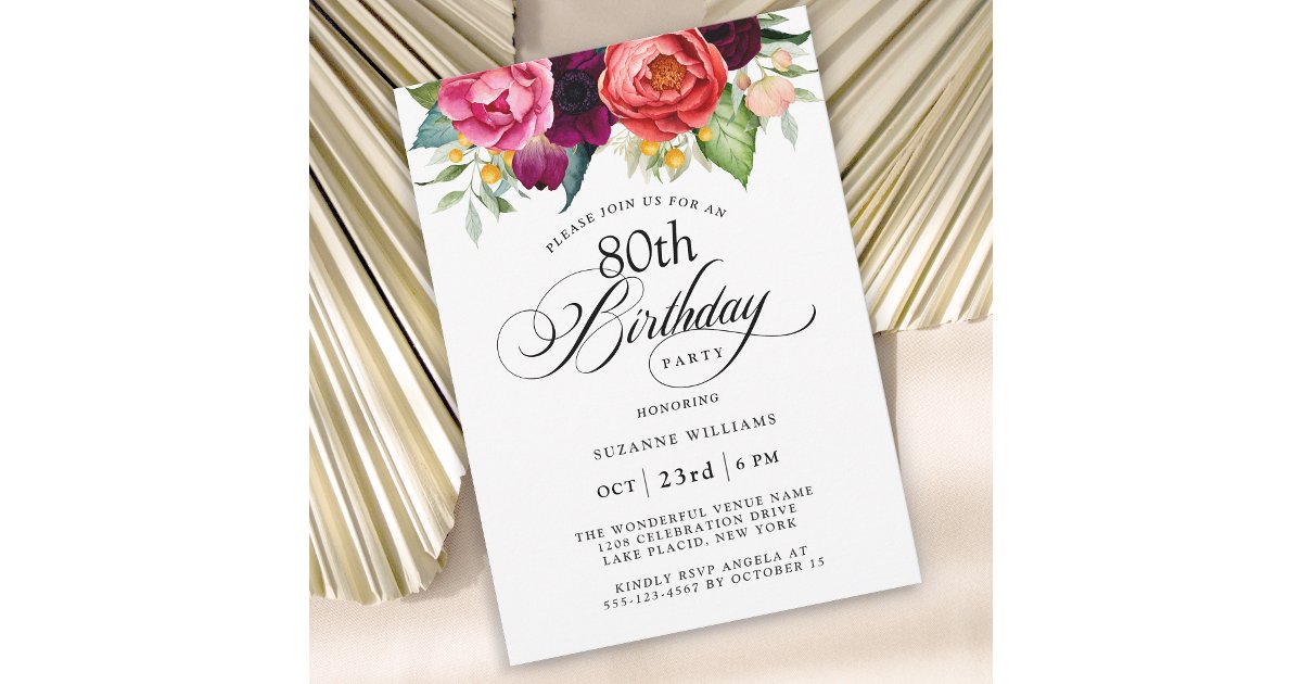 Elegant Rustic Watercolor Floral 80th Birthday Invitation | Zazzle