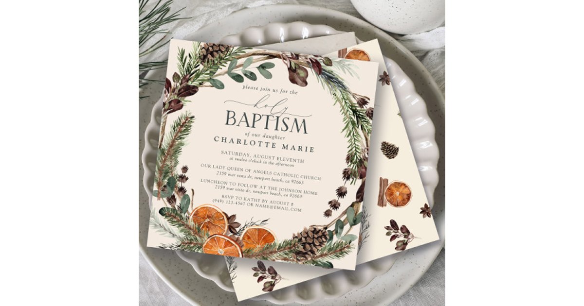 Elegant Rustic Watercolor Greenery Holy Baptism Invitation | Zazzle
