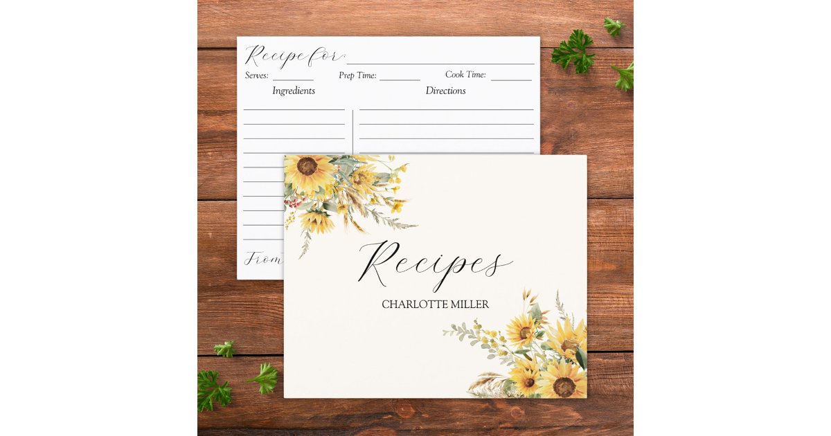 Elegant Rustic Watercolor Sunflower Recipe Card | Zazzle