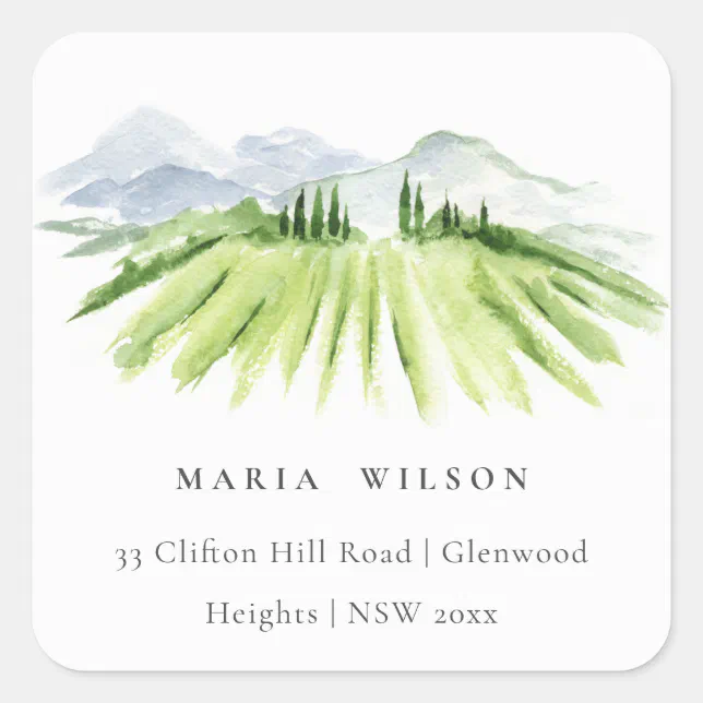 Elegant Rustic Winery Vineyard Mountain Address Square Sticker | Zazzle