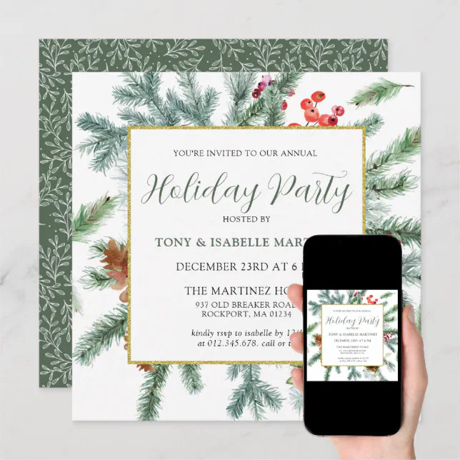 Elegant Rustic Winter Botanical Holiday Party Invi Invitation | Zazzle