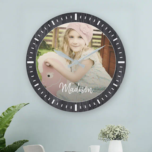 Elegant Rustic Wood Custom Name Photo Large Clock | Zazzle
