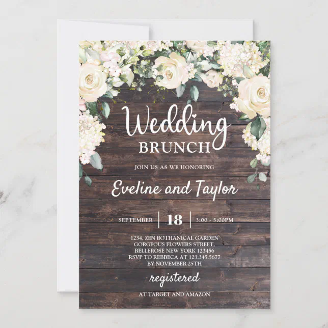 Elegant rustic wood greenery white floral roses invitation | Zazzle
