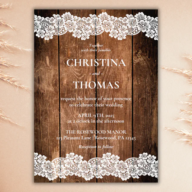 Elegant Rustic Wood Lace Wedding Invitation | Zazzle