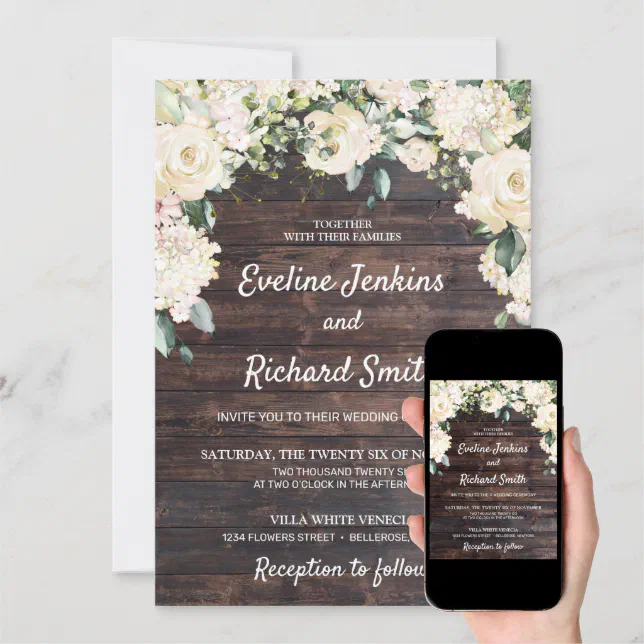 Elegant rustic wood white roses greenery wedding invitation | Zazzle