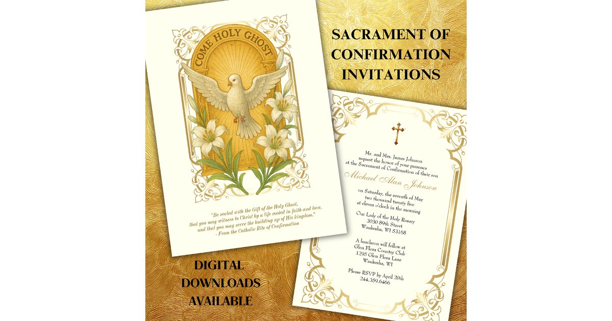 Elegant Sacrament of Confirmation Dove Lilies Invitation | Zazzle