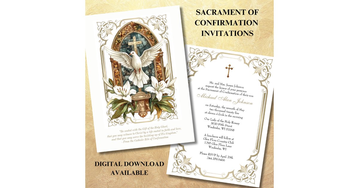 Elegant Sacrament of Confirmation Dove White Lily Invitation | Zazzle