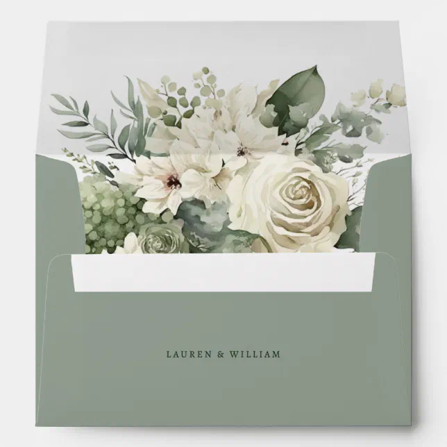 Elegant Sage and Ivory Floral Greenery Wedding Envelope | Zazzle